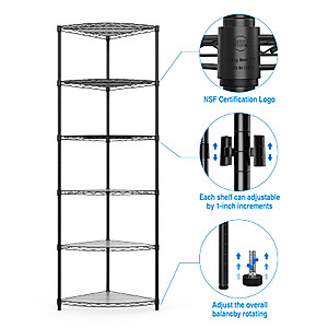 Ufurpie 6 Tier Narrow Corner Wire Shelving Unit NSF Metal Shelf, 420lbs Capacity, Adjustable Storage Rack with Leveling Feet & Shelf Liners for Kitchen Garage Room,72" H X 18" L X 18" D
