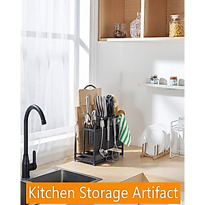 Allvin Knife Holder and Cutting Board Holder,Stainless Steel Material,This Kitchen Utensil Organizer is Perfect for Storing Your Knives, Cutting Boards, Chopsticks, Spoons, and Forks Etc (Black)