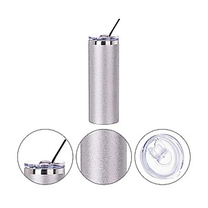PYD Life Sublimation Blank Glitter Skinny Tumbler Silver 20 OZ Straight Stainless Steel Coffee Cups with Lid and Metal Straw for Tumbler Heat Press Sublimation Oven Printing 4 Pack