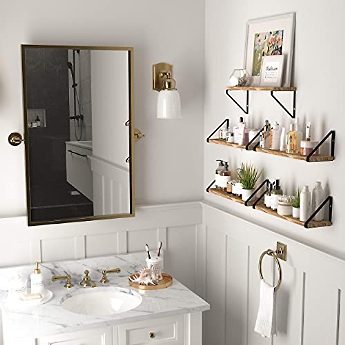 Wallniture Ponza Wood Floating Shelves for Wall Storage, Natural Burned Small Bookshelf Set of 5