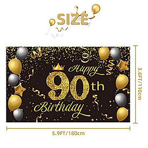 Crenics Happy 90th Birthday Backdrop Banner, Extra Large 90th Birthday Photo Background Banner, Gold Black 90th Birthday Decorations Party Supplies Banner for Women Men, 5.9 x 3.6 ft