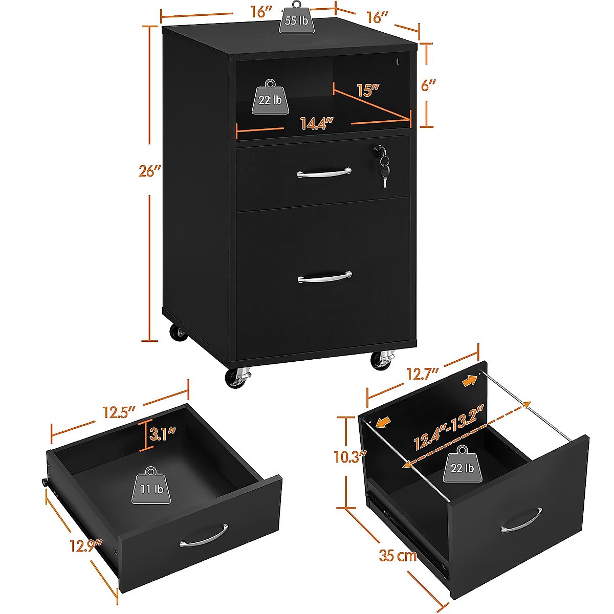Yaheetech File Cabinet, Under Desk Vertical Cabinet with 2 Drawers and Open Compartment, Printer Stand with Lockable Wheels for A4 Letter Size Hangable File Folders for Home Office(Black)