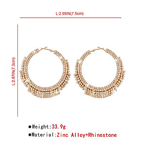 Jumwrit Large Rhinestone Hoop Earrings Big Round Circle Earrings Tassel Chain Dangle Earrings Statement Earrings for Women Girls（Gold）