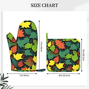 Colorful Leaf Silicone Oven Mitts Pot Holder Sets 2pcs Cute Design Washable Non Slip Kitchen Heat Resistant Mat Women's Cooking Gloves for Baking and BBQ Wear