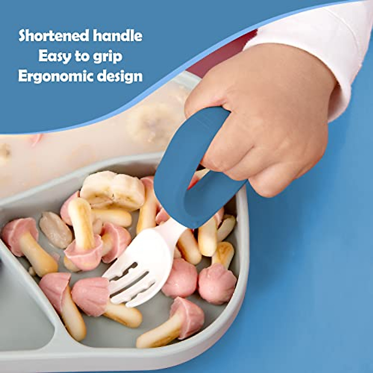 HIWOOD Baby Self Feeding Training Spoon and Fork Set with Travel Case, BPA-Free Cute Circle Toddler Training Utensils, Silicone/ABS Great Tableware Set Spoons Fork for Kids(Blue)