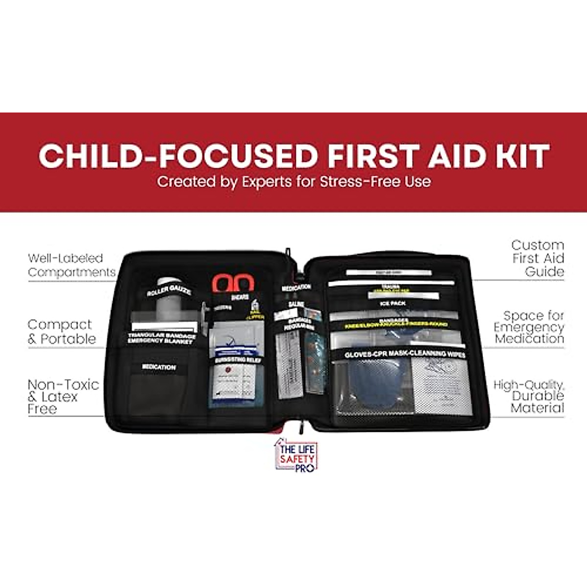 Portable First Aid and CPR Kit for Children - Ideal for Home, Car, School, Camping, and Travel. Latex-Free Bandages – Custom First Aid Guide by The Life Safety Pro