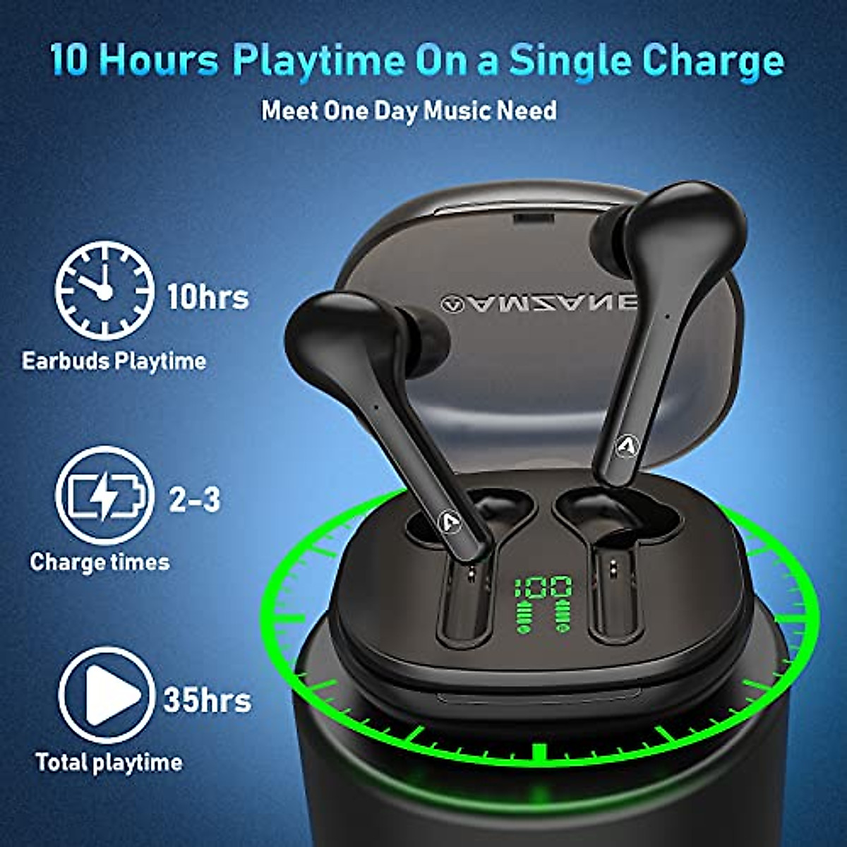 AMZANE Wireless Earbuds Bluetooth Headphones with Wireless Charging Case and LED Digital Display Bluetooth 5.1 HD Bass Sound Earphones Touch Control Built-in Mic Headsets 35Hrs Playtime for Sport Work