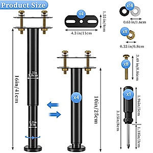 O.HSNYIU Upgrade Adjustable Bed Support Legs 10"-16", Bed Frame Support Legs, Bed Legs Set of 4, Metal Bed Frame or Wooden Bed Center Slat Support Leg, Heavy Bed Replacement Legs (4, 10"-16")