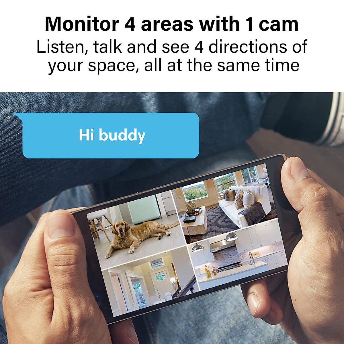 See 4 Views with 1 Security Camera, Indoor Home Cam Security with Two-Way Audio, 1080p Smart 360 Monitoring, WiFi, Night Vision, Motion Detection, iPhone App with Alerts and Cloud Storage