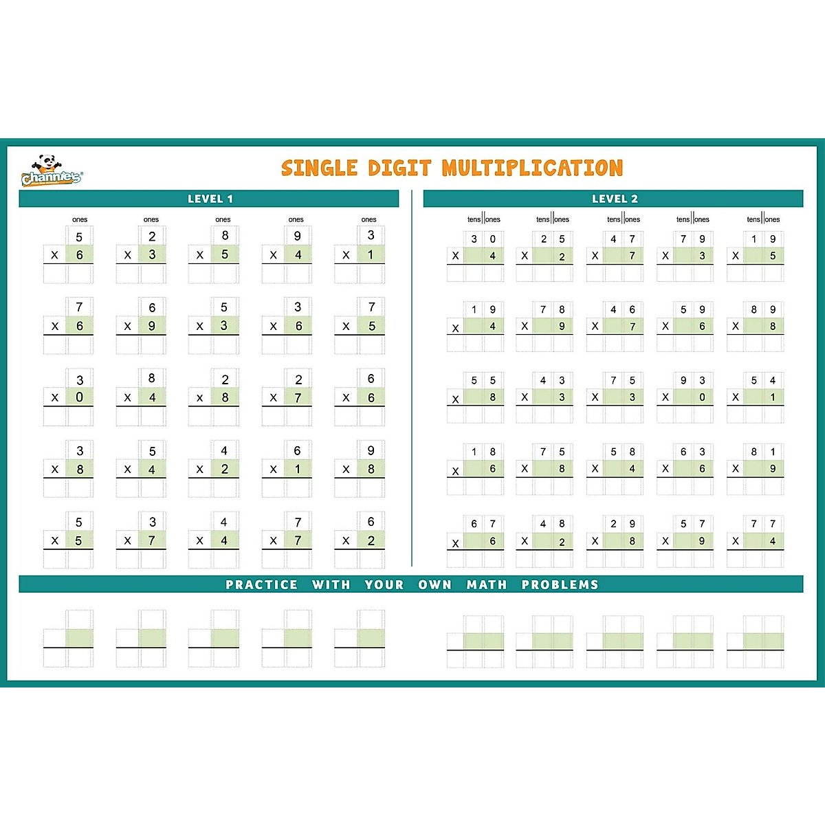 Channie’s 2 Pak Dry Erase Multiplication Memory and practice chart 18" x 12" Single & Double digit