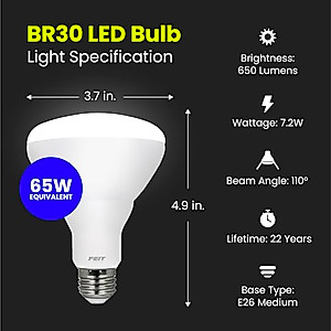 Feit Electric BR30 LED Light Bulb, 65W Equivalent, Dimmable, 650 Lumens, E26 Standard Base, 5000K Daylight, 90 CRI, Recessed Can Light Bulbs, 22 Year Lifetime, BR30DM/950CA/4, 4 Pack
