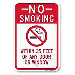 SmartSign 18 x 12 inch “No Smoking - Within 25 Feet of Any Door Or Window” Metal Sign, 63 mil Laminated Rustproof Aluminum, Red, Black and White