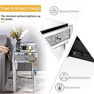 VINGLI Mirrored Nightstand Set of 2 Narrow Side Table with Drawer Glass Accent Table,Silver