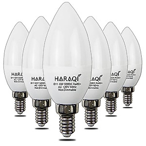 haraqi 6 Pack 6W 120V E12 Base B11 LED Filament Candle Light Bulb, 5000K Daylight White Light, 60W Equivalent Decorative Chandelier Bulbs for Ceiling Fan Lights, Pendants, Fireplace