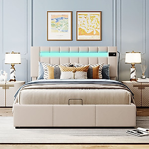 Harper & Bright Designs Upholstered Queen Platform Bed with LED Headboard, Bluetooth Player and USB Charging, Velvet Fabric Queen Size Bed with Lift Up Storage, No Box Spring Needed (Beige)