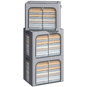 2Pack Stackable Storage Bins Oxford Frame Storage Box with Clear Window, Label Holder, Durable Carry Handles (Light Grey, 3x36L-15.7x11.8x11.8)