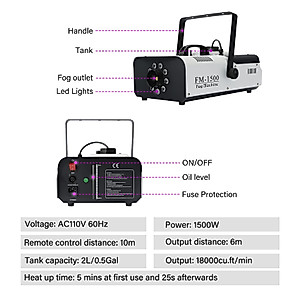 TC-Home Stage Smoke Machine with lights Halloween Fog Machine 1500w 2L 9 LED Stage Fogger effect w/Remote control