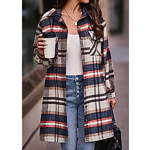 BTFBM Women's Corduroy Shacket Jacket Shirts Lapel Long Sleeve Oversized 2023 Fall Winter Button Down Shirt Dress Pocket(Plaid Khaki, Medium)