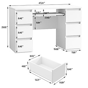 Furnicare Computer Desk with Storage Shelf and 6 Drawers, 47 inch Writing Home Office Workstation, Modern Work Study Writing Table Desk, Wood PC Laptop Desk, Desk for Bedroom, White