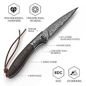 TRIVISA 3.15" Handmade Damascus Folding Pocket Knife，EDC Knives Gift for Men，Tree Texture Ebony wood Handle，Ceramic Bearings，Thumb Stud, Steel Bolster, Liner Lock.Piscis Austrinus-01E