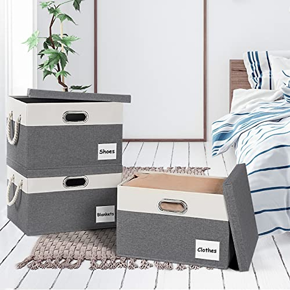 ASXSONN Large Storage Bins with Lids, Fabric Storage Bins with Label & 3 Handles, Foldable Storage Boxes with Lids, Storage Baskets with Lids for Organizing Home Office (15"x11"x9.6", Grey&White, 3 Pack)