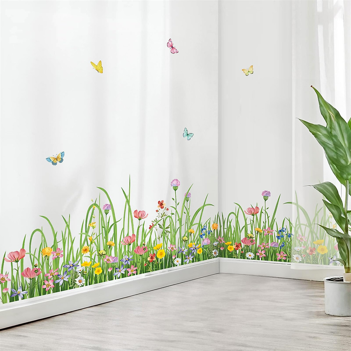 wondever Green Grass Floral Wall Corner Stickers Wildflower Butterflies Baseboard Skirting Line Wall Decals for Living Room Bedroom Dining Room (W:62 inches)