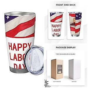 Happy Labor Day Tumbler with Lid and Straw 20oz Stainless Steel Car Cup for Hot and Cold Drinks, Double Wall Insulated Travel Coffee Mug Reusable Drink Thermos Cup Birthday Gifts