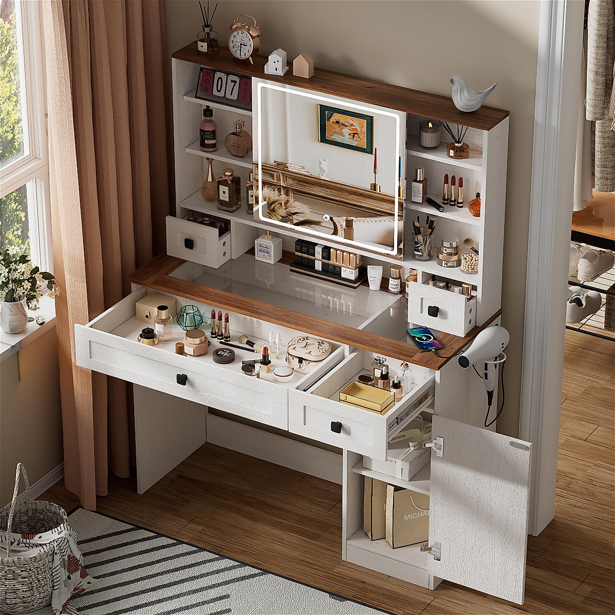 PAKASEPT Vanity Desk with Sliding Mirror and Lights, Glass Tabletop Makeup Vanity with 3 Lighting Modes, White Vanity Table with Power Strip&Hooks, Hidden Shelves, Girls Bedroom Vanities Set