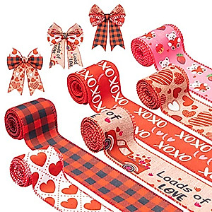 3sscha 6 Rolls Love Wired Edge Ribbons Loads of Love XOXO Bear Heart 2.5in x 30 Yards Romance Red Black Grid Wrapping Ribbon for Wedding Anniversary Proposal Marriage Decorations