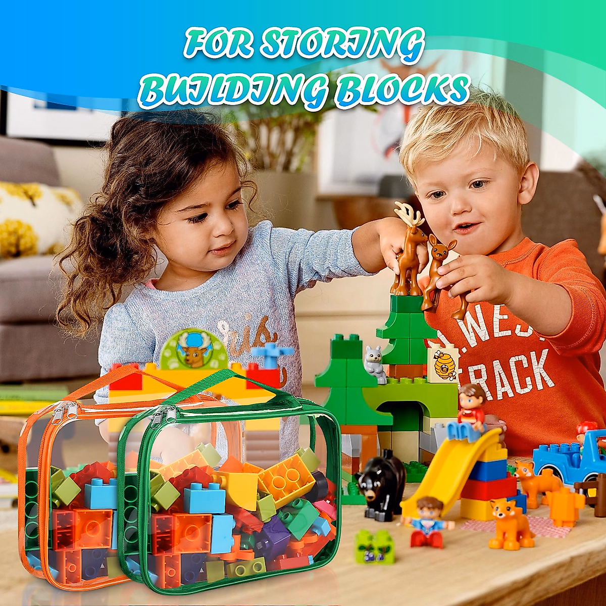 8 Packs Toy Storage Bags with Zipper, Clear PVC Organizing Bags, Reusable Toy Storage Organizer with Portable Handle, Travel Waterproof Organizer Bags for Building Blocks, Puzzle, Toys and Books