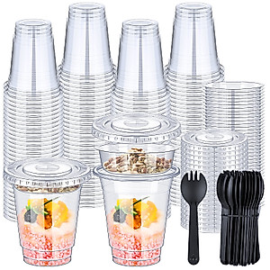 WILLBOND 100 Sets 12oz Clear Plastic Parfait Cups with Flat Lids Insert Yogurt Fruit Parfait Cups Spill and Anti Leak Dessert Disposable Cups with Spoons for Yogurt Parfait, Fruits Veggies and Dips