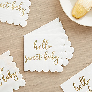 Juvale 50 Pack White Scalloped Baby Shower Napkins for Girls and Boys, Gold Foil Hello Sweet Baby Decorations (5 x 5 In)
