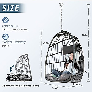 NICESOUL® Hanging Egg Chair Without Stand Tree Ceiling Egg Basket Chairs UV Resistant 265lbs Capaticy for Patio Backyard Balcony Bedroom Living Room with Hanging Steel Chain & Cushions Dark Grey