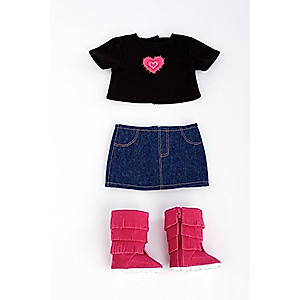 - Rock Star - 3 Piece Outfit - T-Shirt, Denim Skirt and Pink Boots - Clothes Fits 18 Inch Doll (Doll Not Included)