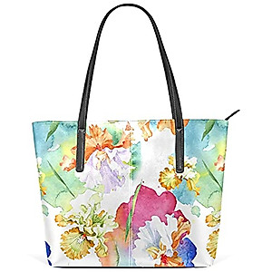 MNSRUU Tote Bag for Women Orange White Iris Flowers Shoulder Bag Big Capacity PU Leather Handbag