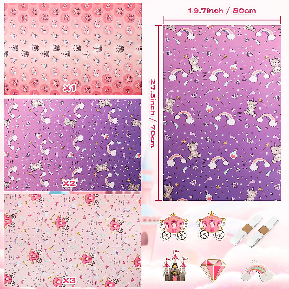 Edunass Wrapping Paper Girls Birthday Wrapping Paper Sheets,Purple Castle Pink Gift Wrapping Paper Set Gift Wrap Birthday Paper(6 Sheets 28" Lx20 W per Sheet)