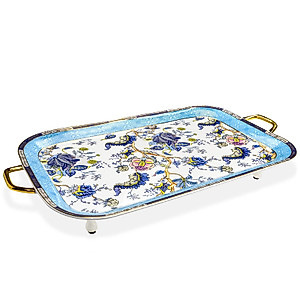 ACMLIFE Tea Serving Tray Set, 21 inches Bone China Tray Tea Tray with Handles, Blue Fine Ceramic Decorative Serving Tray Platter with Golden Rim for Tea Sets, Living Room, Gift (Blue)