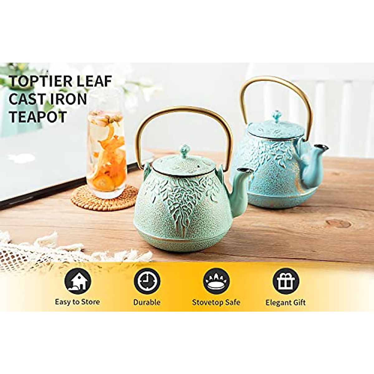 Tea Kettle, TOPTIER Japanese Cast Iron Teapot with Stainless Steel Infuser, Cast Iron Tea Kettle Stovetop Safe, Leaf Design Teapot Coated with Enameled Interior for 32 Ounce (950 ml), Light Green