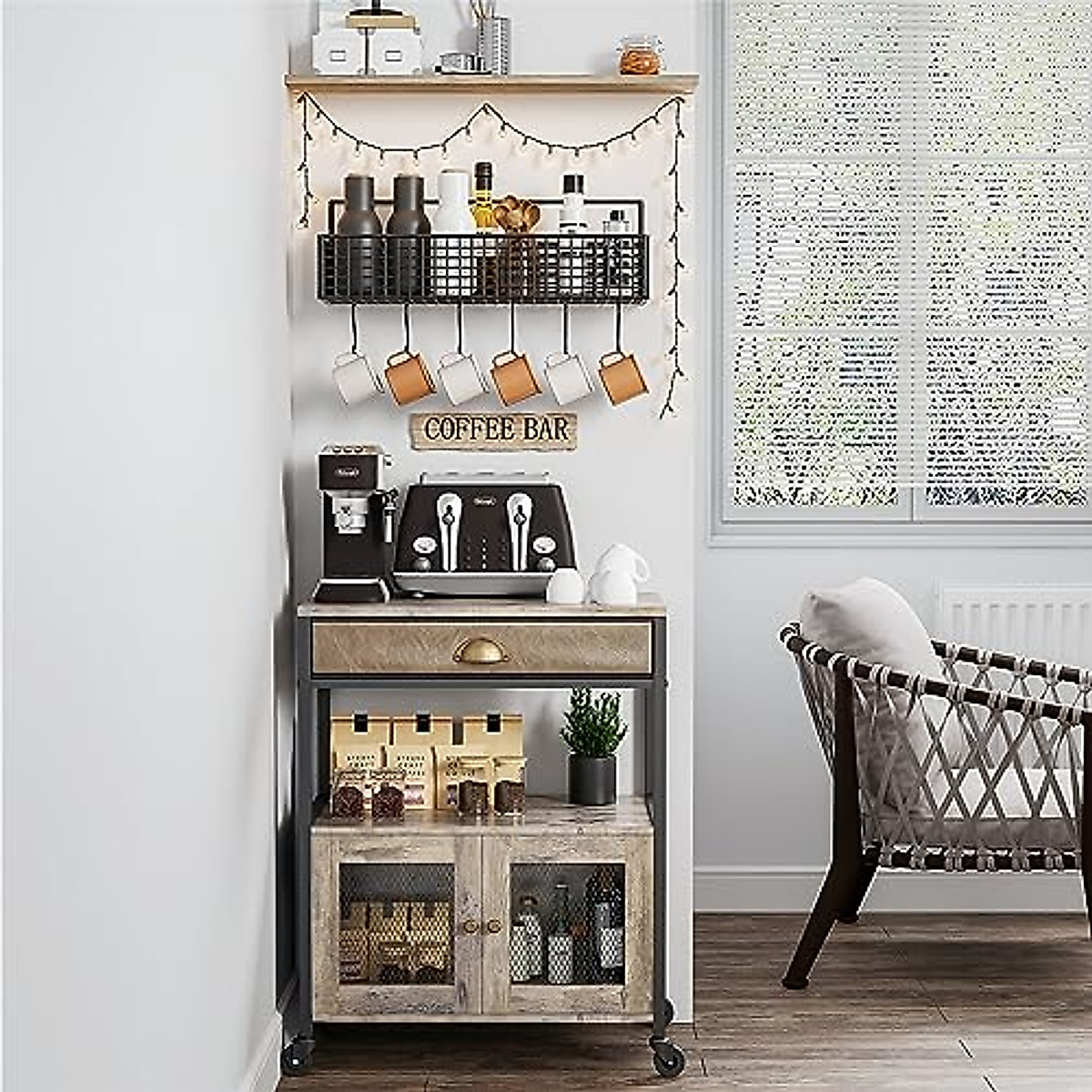 X-cosrack Coffee Bar Cabinet，3 Tiers Kitchen Coffee Cart with Drawer for The Home Buffets & Sideboards, Movable Farmhouse Coffee Station Table on Wheels for Living Room, Entryway, Dining Room, Kitchen