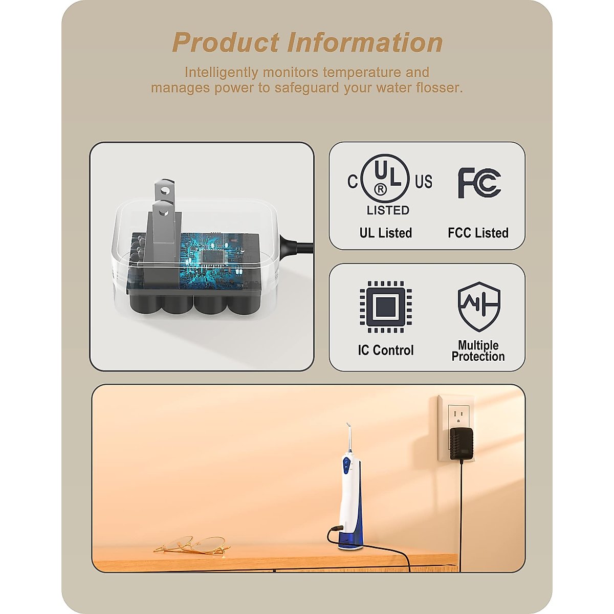 Replacement for Waterpik Charger Compatible with WP360 WP360W WP462 WP462W WP450 WP450W Power Cord 【Two Prong Adapter】
