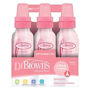 Dr. Brown's Original Baby Bottles, 8oz/250ml, Narrow Bottle, Pink and Clear, 6 Count