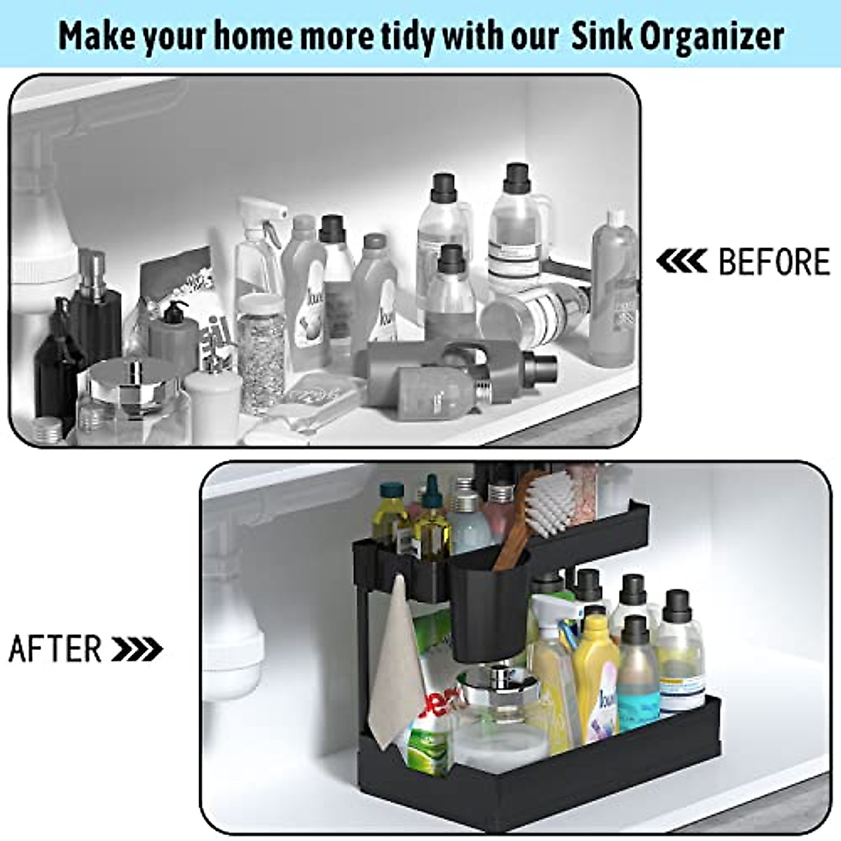 FUNXIM Under Sink Organizer, Under Sink Organizers And Storage, 2 Tier Slide Out Sink Shelf Cabinet Storage Shelves, Multi-Purpose Kitchen Bathroom Sink Organizer, With Organization And Storage Hooks