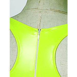 YONGHS Women's Latex Faux Leather Bodycon Mini Dress Sleeveless Low Cut Sexy Party Club Dresses Fluorescent Green X-Large