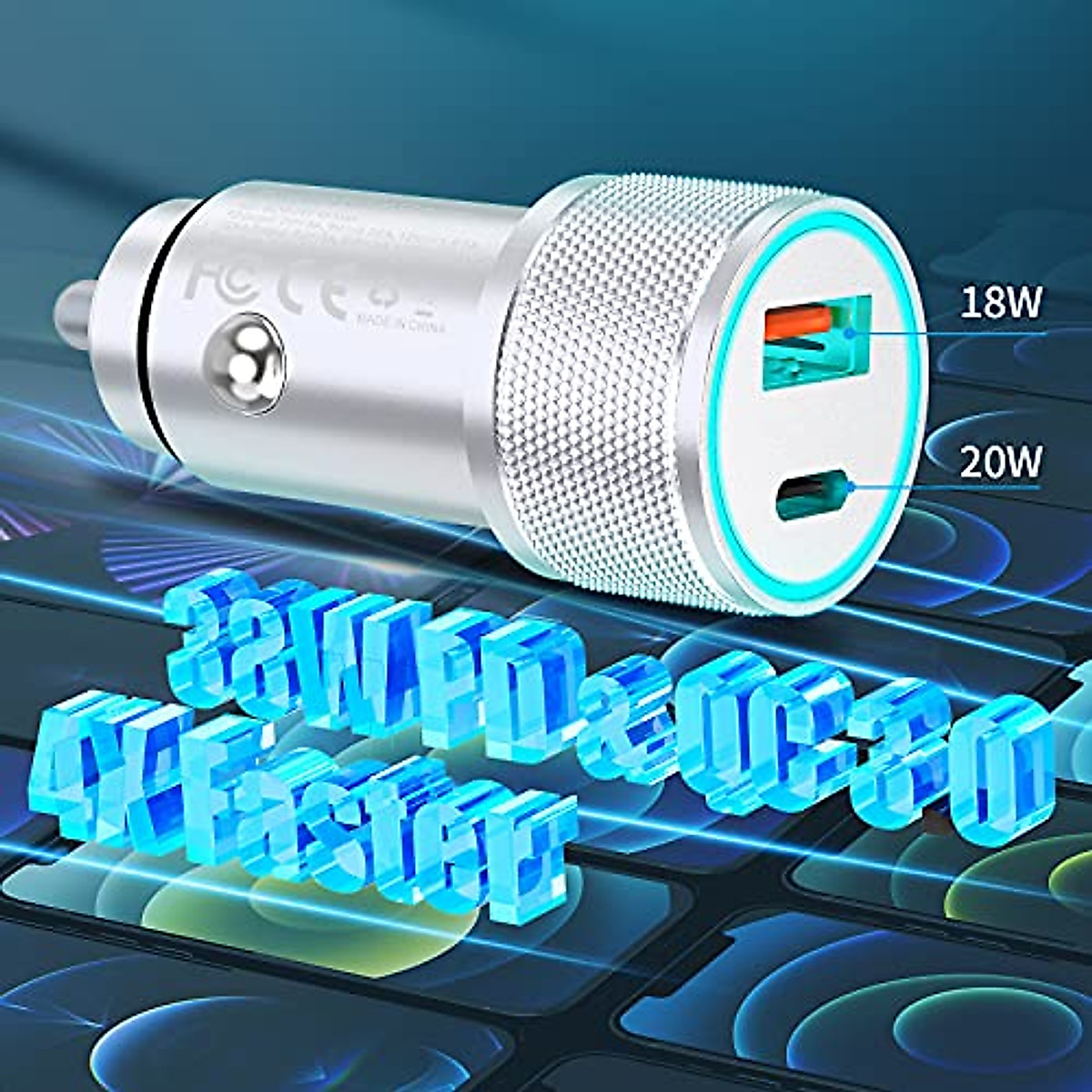 [Apple MFi Certified] iPhone Fast Car Charger, esbeecables 48W Dual Port USB C Power Delivery All Metal Lighter PD/QC3.0 Car Charger with 2Pack Lightning Cable Quick Charging for iPhone/iPad/Airpods