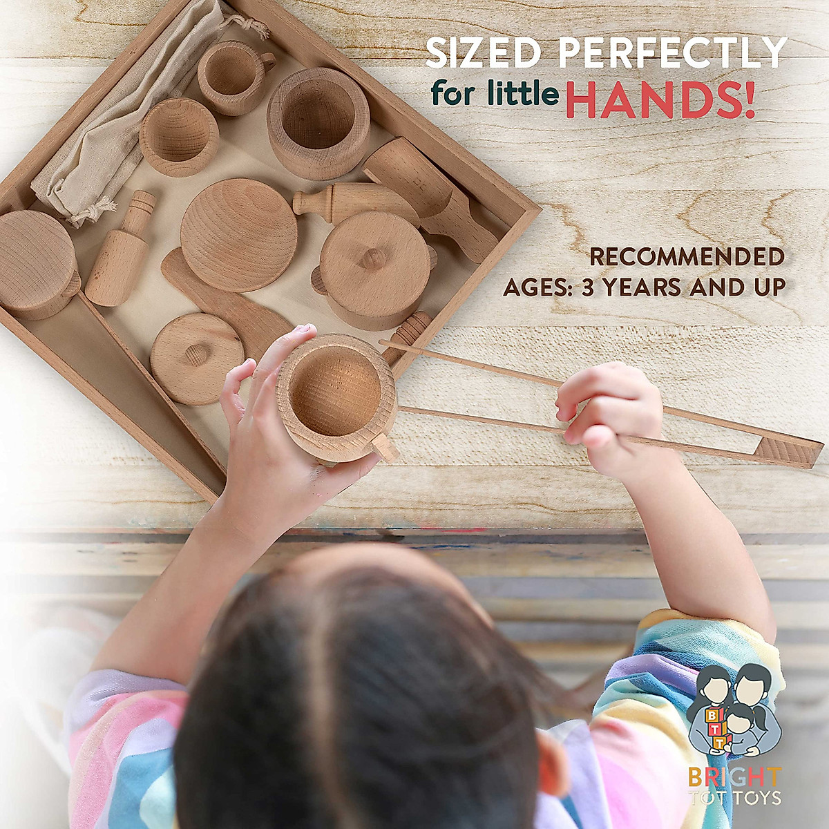 Sensory Bin Tools with Wooden Box, Montessori Toys for Toddlers & Kids, Set of 12 Wood Waldorf Toys for Transfer Work, Sensory Learning & Motor Skill Development