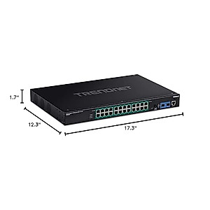 TRENDnet 26-Port Industrial Gigabit L2 Managed PoE+ Switch, TI-RP262i, 1U 19” Rackmount, 24 x Gigabit PoE+ Ports, 2 x SFP Slots (100/1000Base-FX), IP30, VLAN, QoS, 685W PoE Power Budget, Fanless