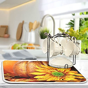 Vintage Pumpkin Sunflower Maple Leaf Dish Drying Mat for Kitchen Counter Microfiber Drying Pad, Reversible Drainer Mats for Countertop, Small 16" x 18"