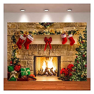 XLL Christmas Photography Backdrops Christmas Fireplace Decoration Background for Photo Happy Holiday Party Decoration Props 7x5FT(210CM X 150CM)