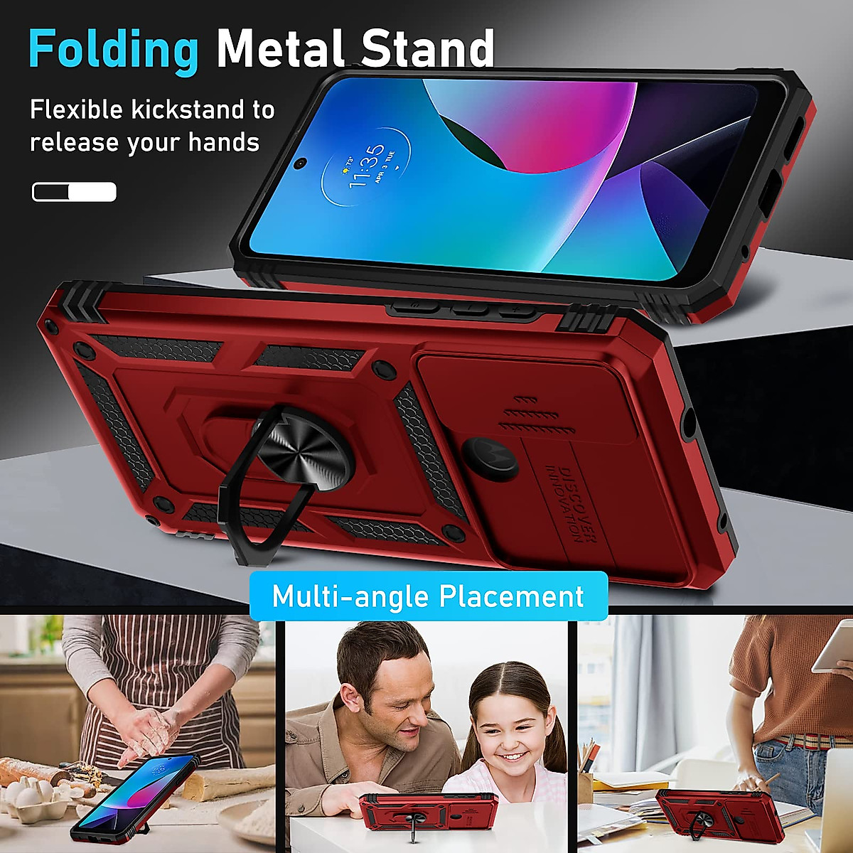 Janmitta Compatible with Moto G Play 2023,G Power 2022/G Pure Case Built in Slide Camera Lens Cover+Screen Protector+Ring Holder,Heavy Duty Shockproof Full Body Phone Cover,Red