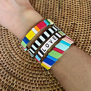 HZEYN Enamel Tile Bracelet Stackable Rainbow Tile Bead Love Stretchy Bracelet Colorblock Enamel Brite Bracelet for Women Set of 4 Strands